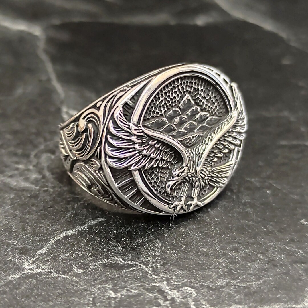 Men Silver King of Birds Eagle Ring , Sterling Silver Winged Eagle Ring ...
