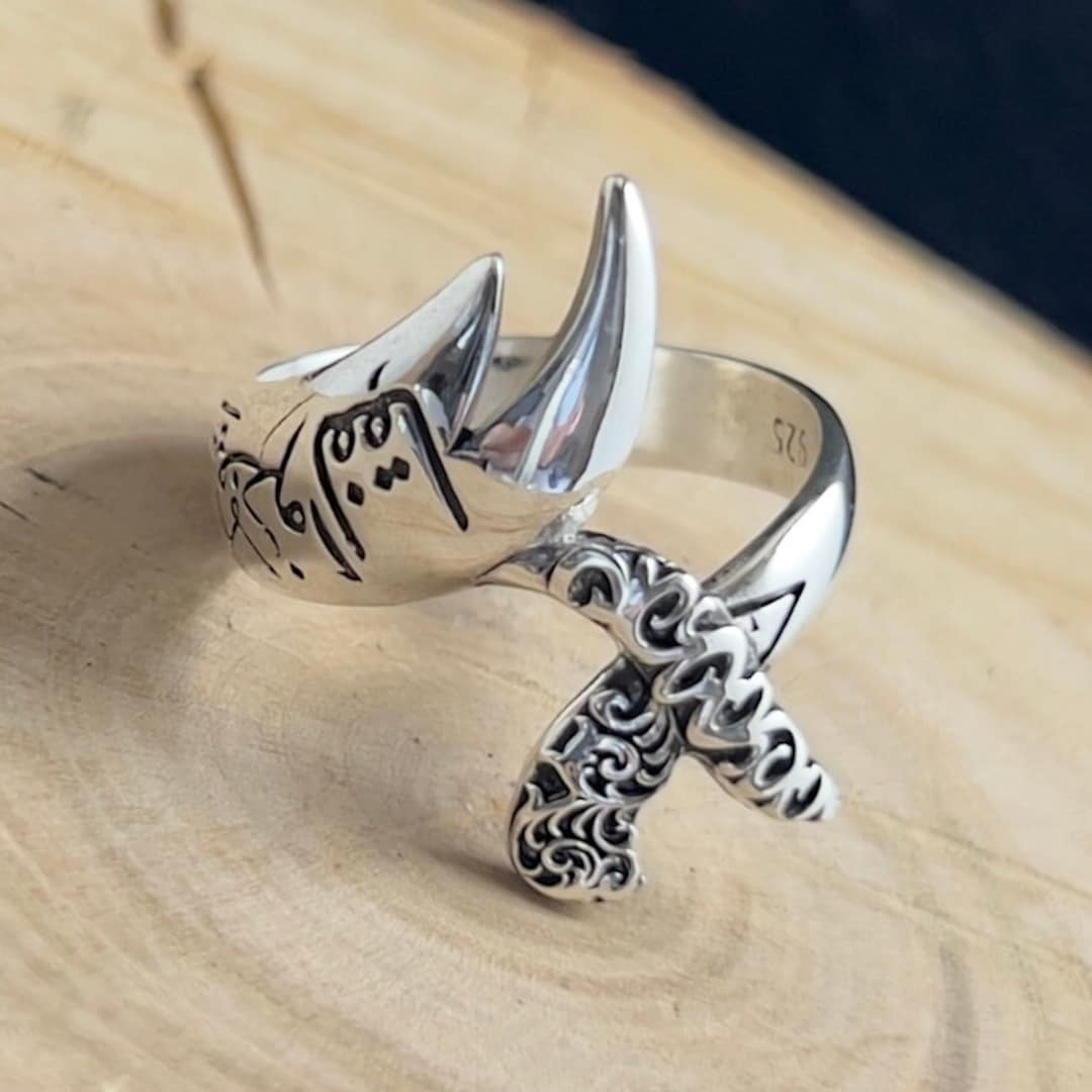 Handmade Ali's Zulfiqar Sword White Design Ring, Silver Arabic Motifs ...