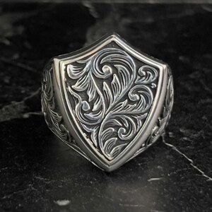 Handmade Engraved Shield Men Ring, Silver Shield Signet Ring, Ancient ...