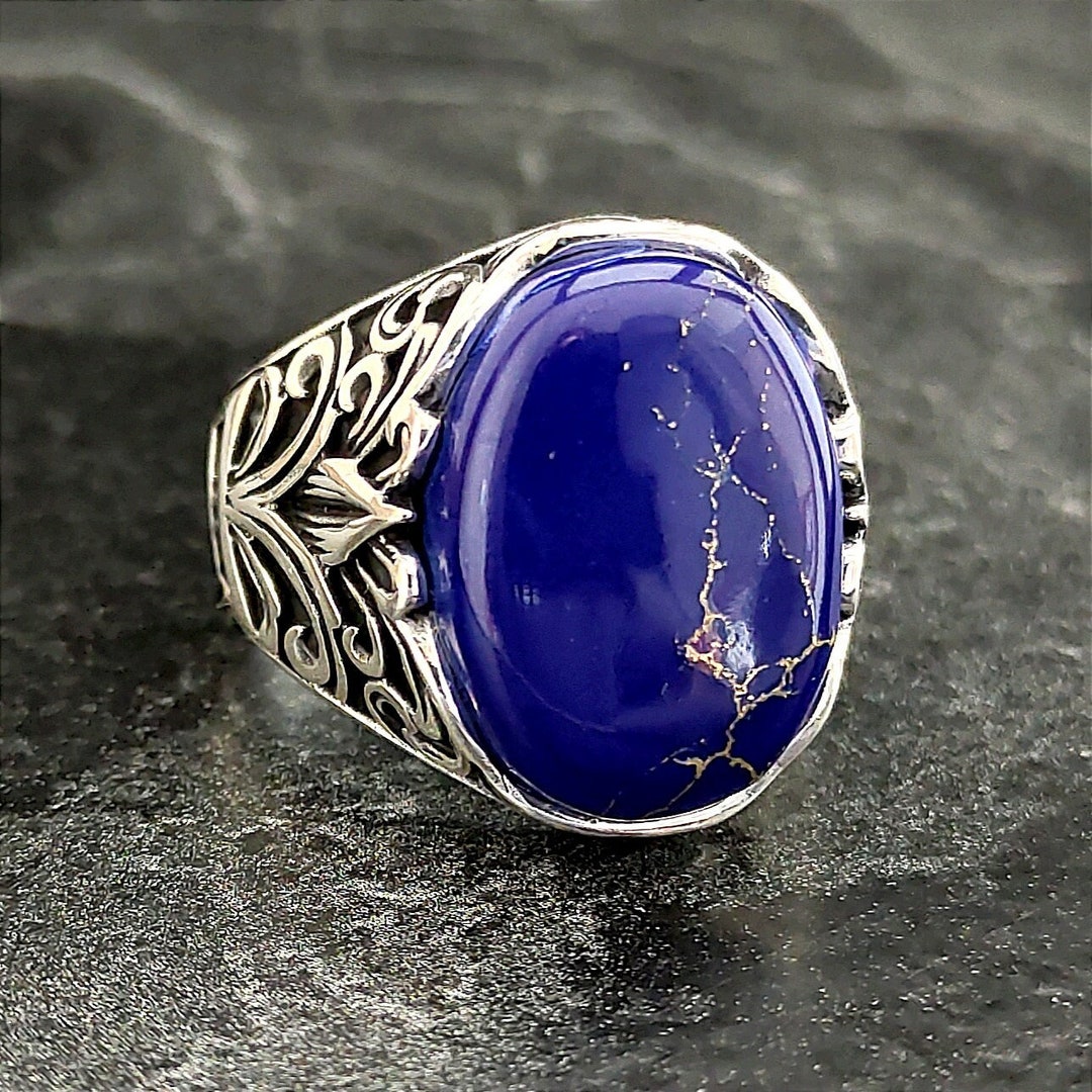 Handmade Blue Agate Gemstone Ring , Men Oval Blue Stone Ring , Ottoman ...
