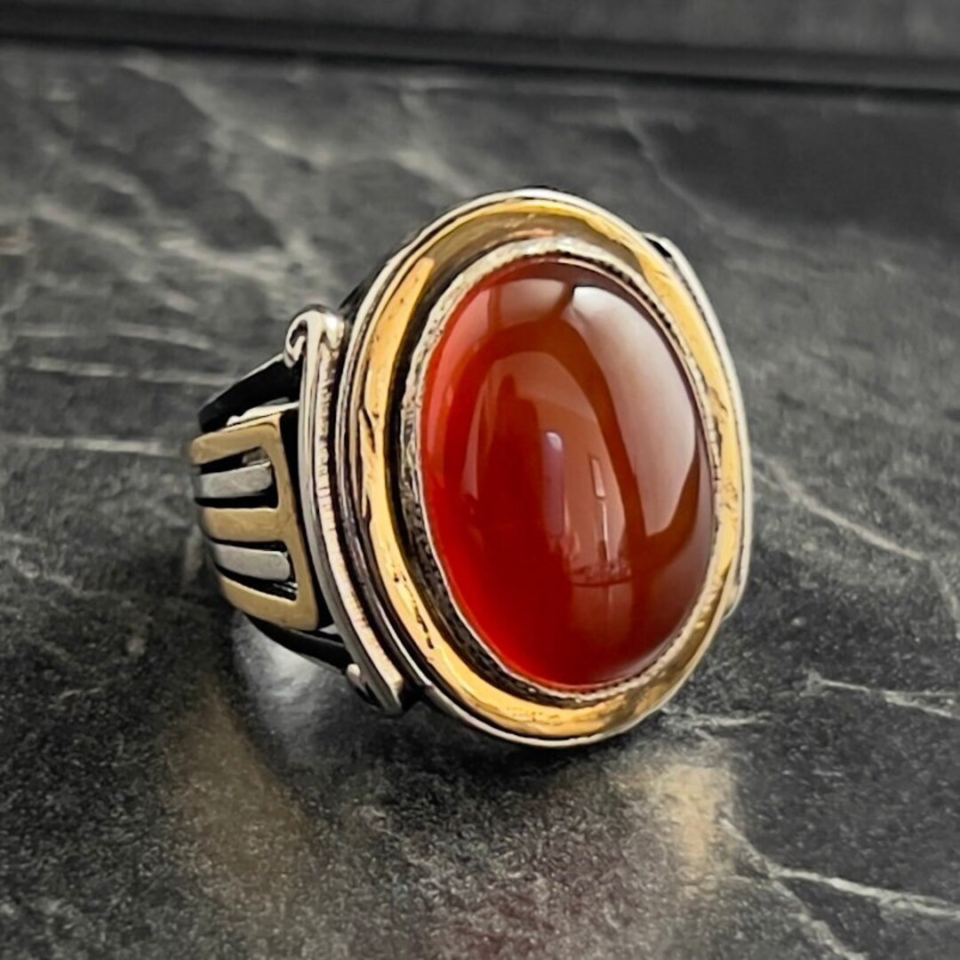 Mens Red Agate Gemstone Silver Ring, Handmade Vibrant Color Agate Ring, Greek Style Columns ...