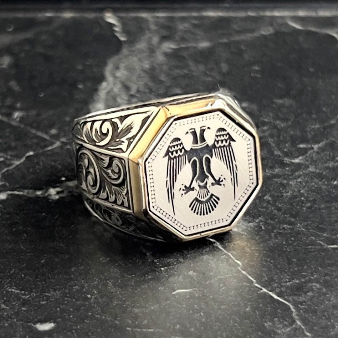 Men Double Head Eagle Seljuk State Ring, Handmade Historic Symbol Ring ...