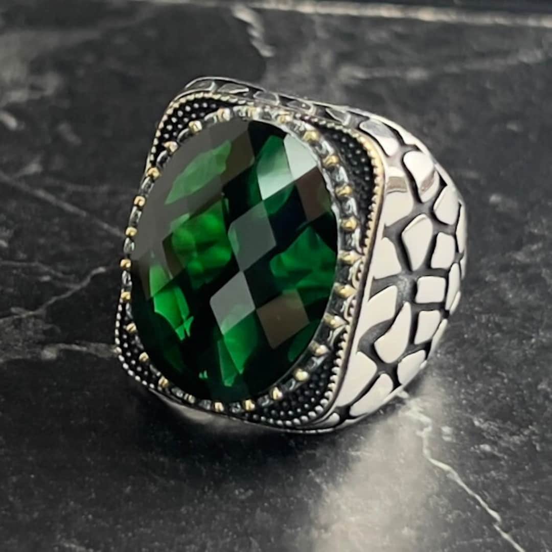Men's Oval Natural Green Emerald Gemstone Silver Ring, Men Green Stone ...