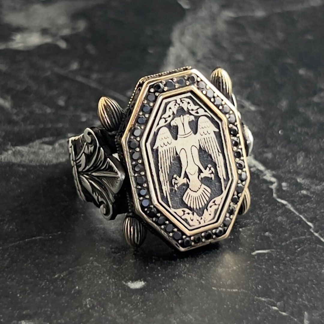 Silver Double Head Eagle Seljuk State Mens Ring, Handmade Historic ...