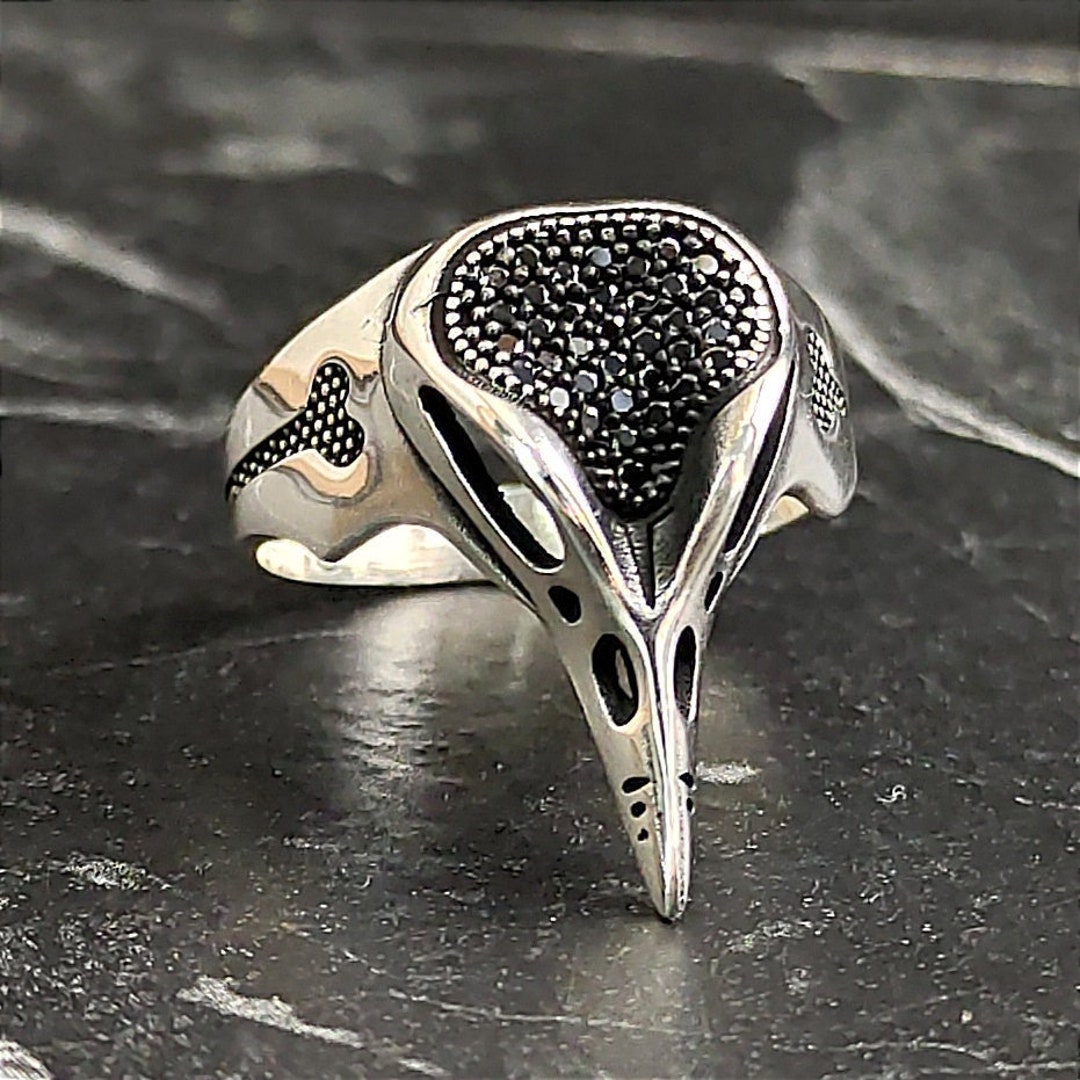 Silver Mythology Viking Raven Skull Ring, Vegvisir Raven Ring, Crow ...