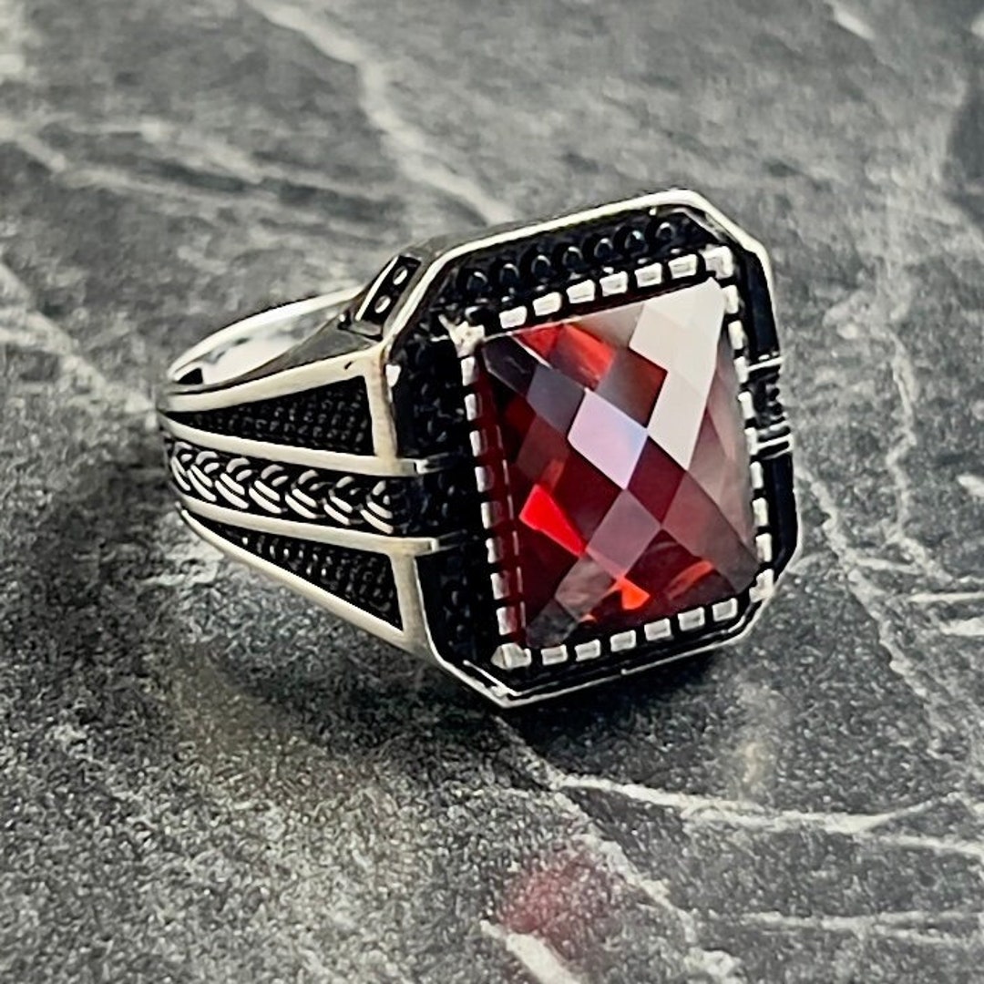 Mens Square Red Garnet Gemstone Silver Ring, Silver Oxidized Knitted ...