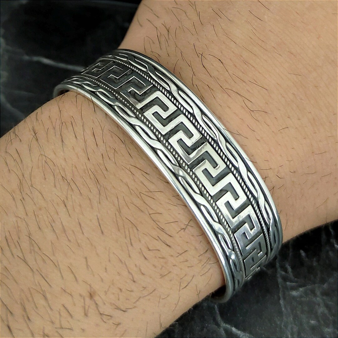 925 Sterling Silver Adjustable Greek Design Cuff Bracelet, Men Silver ...