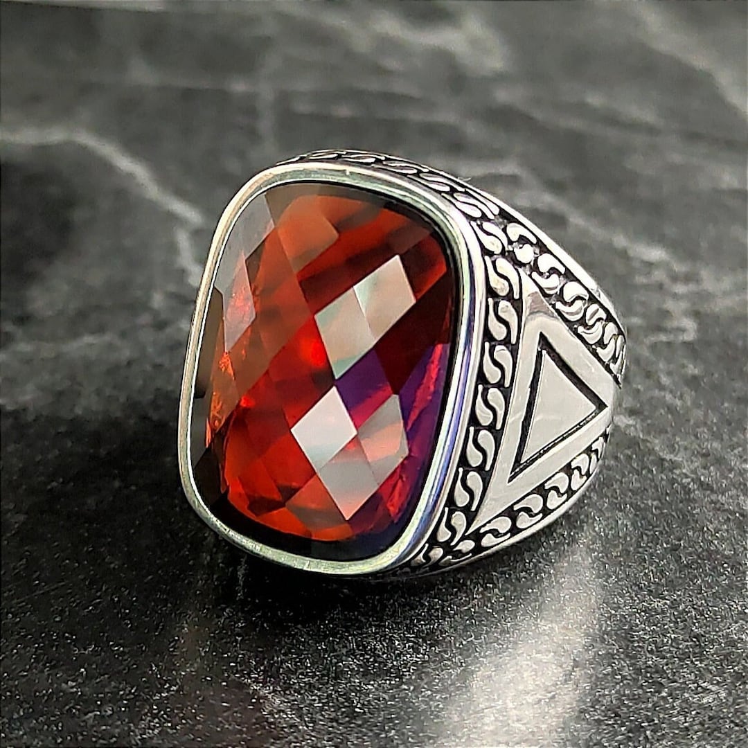 Men Silver Square Red Garnet Gemstone Ring, Men Garnet Stone Silver ...