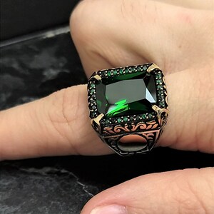 Men Silver Green Stone Ring , Silver Green Emerald Gemstone Ring ...