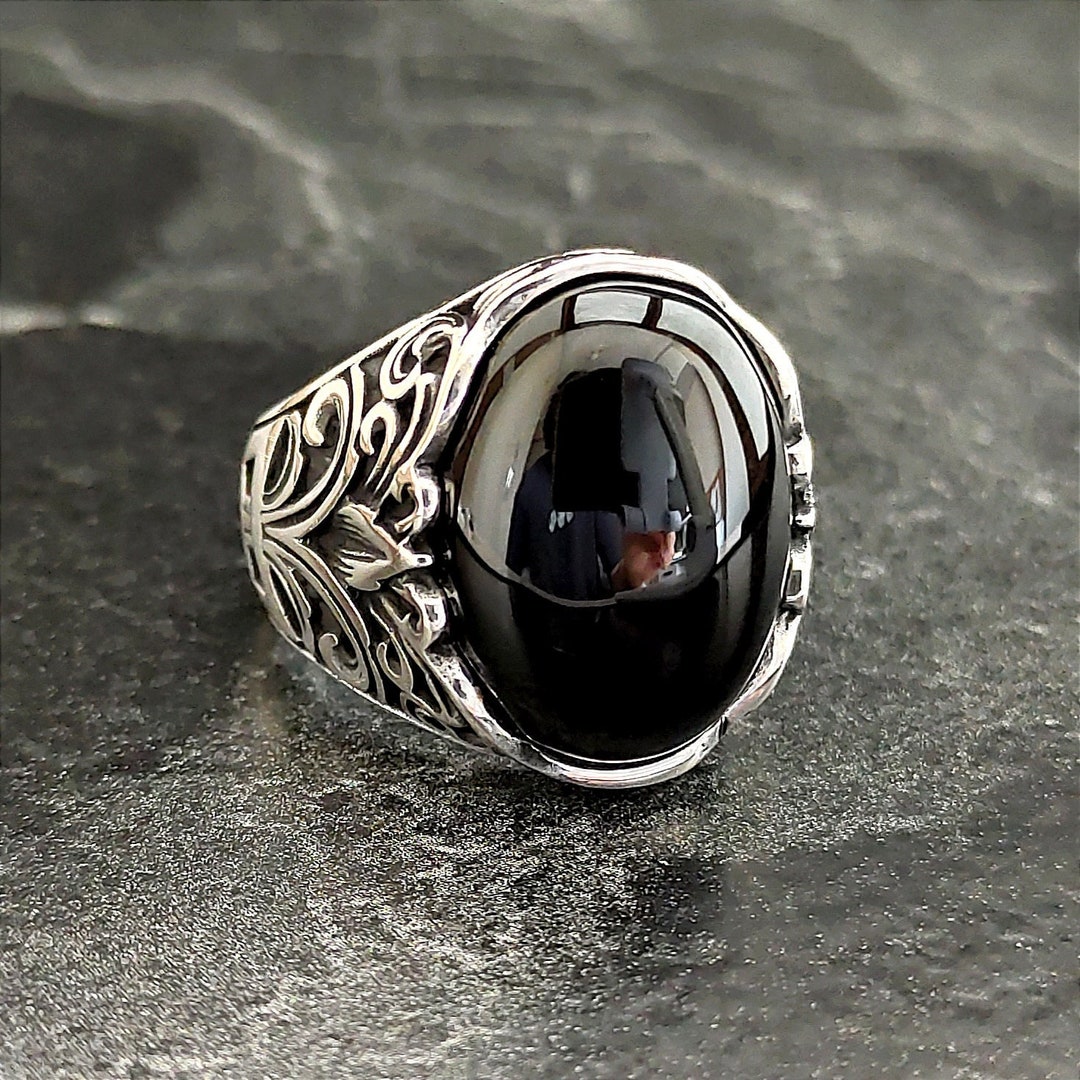 Mens Black Onyx Stone Ring , Silver Oval Natural Onyx Gemstone Ring ...