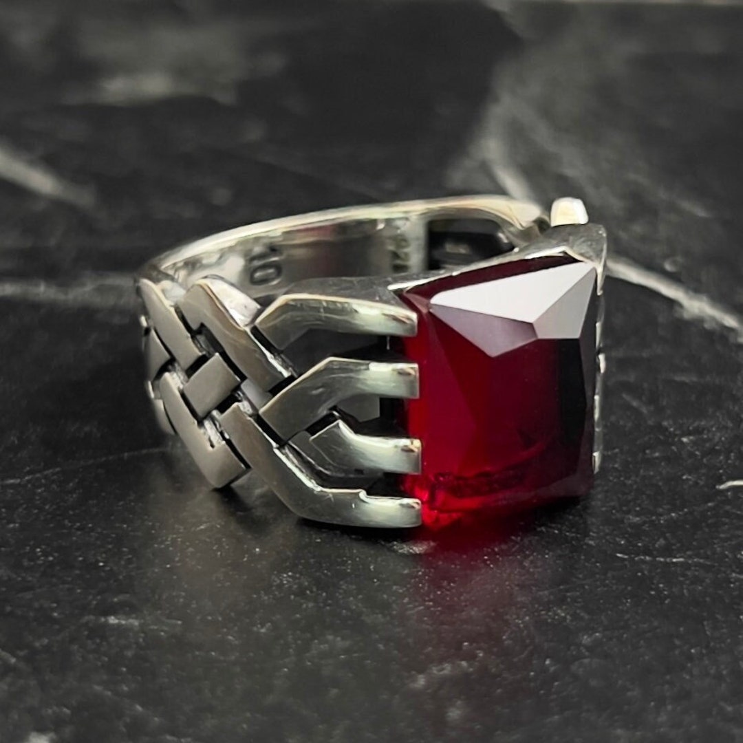 Men Silver Ruby Square Red Gemstone Ring, Silver Light Red Stone Ring, Knitting Pattern Motif ...