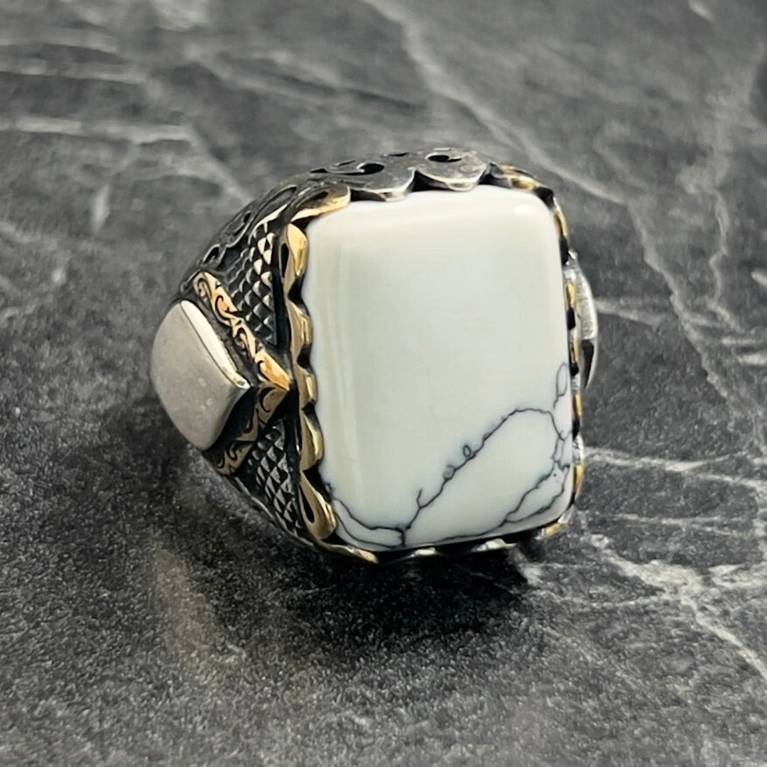 Men's Natural White Agate Gemstone Silver Ring, Men White Aqeeq Stone ...