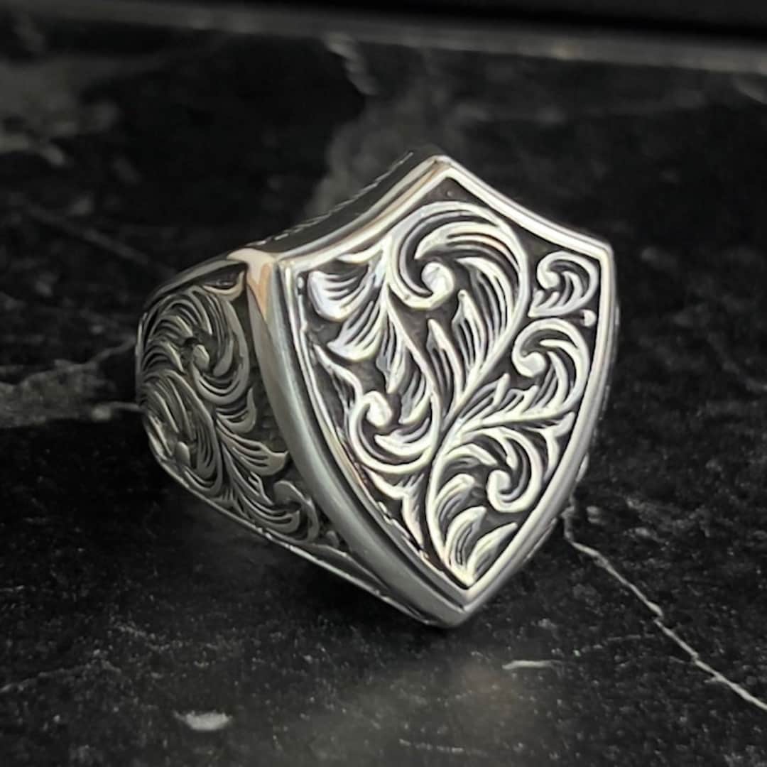 Handmade Engraved Shield Men Ring, Silver Shield Signet Ring, Ancient ...