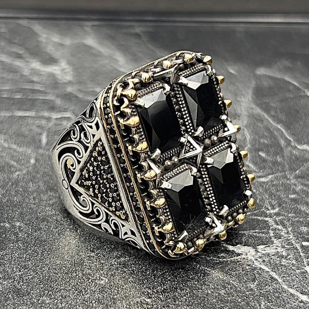 Silver Handmade Black Onyx Ring, Large Square Black Onyx Gemstone Ring ...