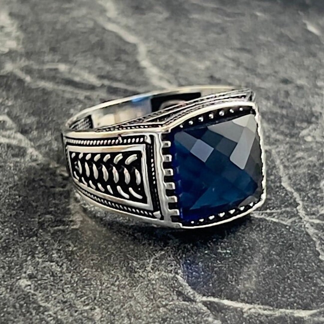 Square Dark Blue Sapphire Stone Silver Ring, Natural Blue Stone Mens ...