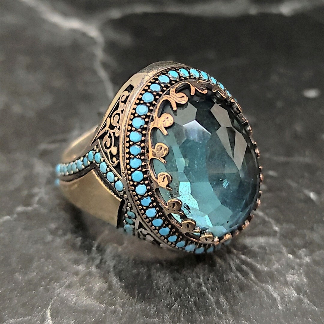 Men Silver Blue Stone Ring , Silver Sky Blue Aquamarine Gemstone Ring ...
