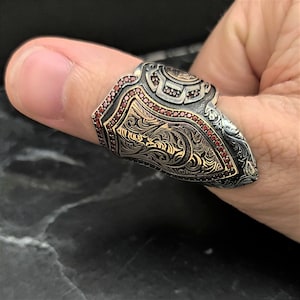Archer Thumb Carved Silver Ring , Turkish Flag Motif Silver Thumb Ring ...