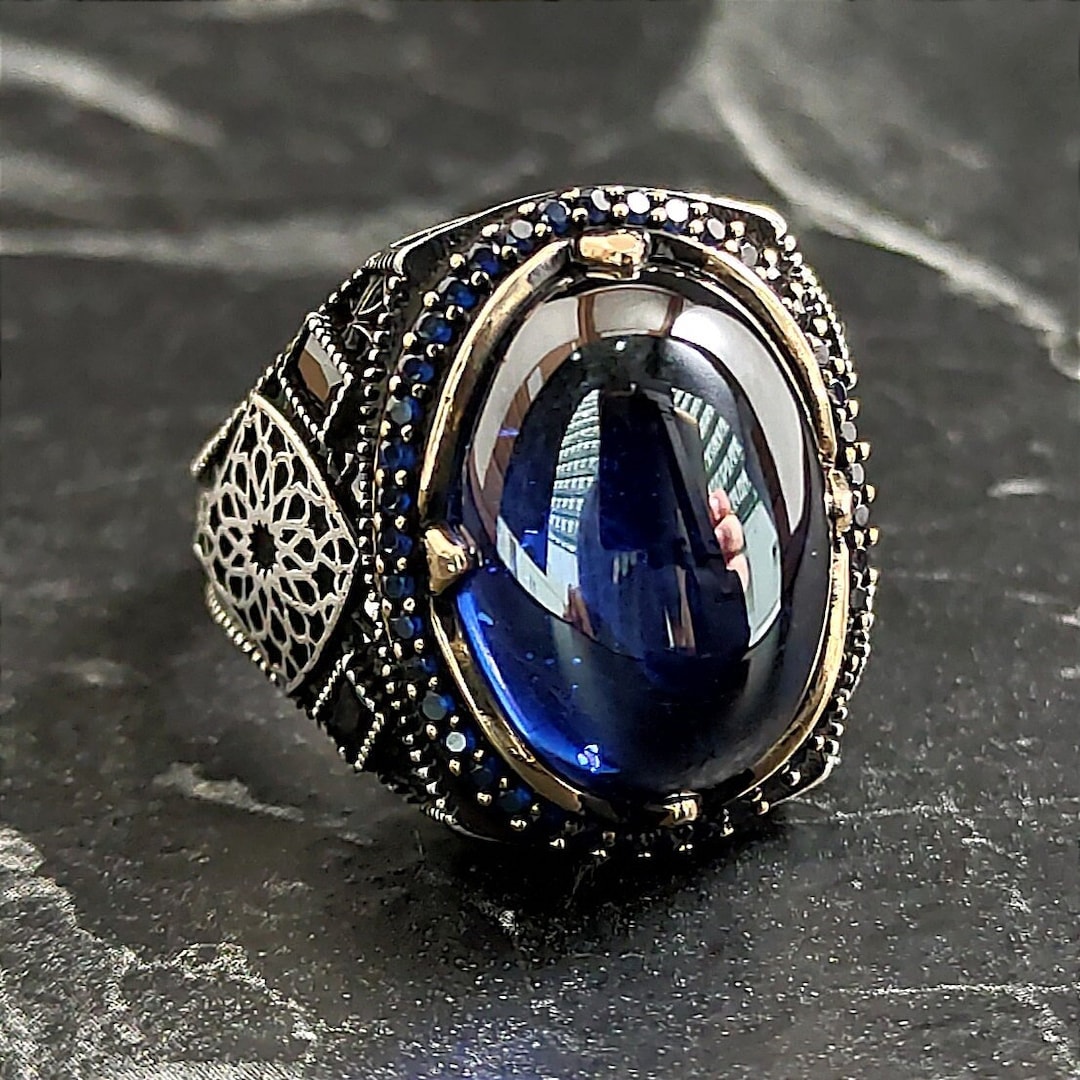 Men Oval Blue Sapphire Gemstone Silver Ring, Silver Dark Blue Stone ...