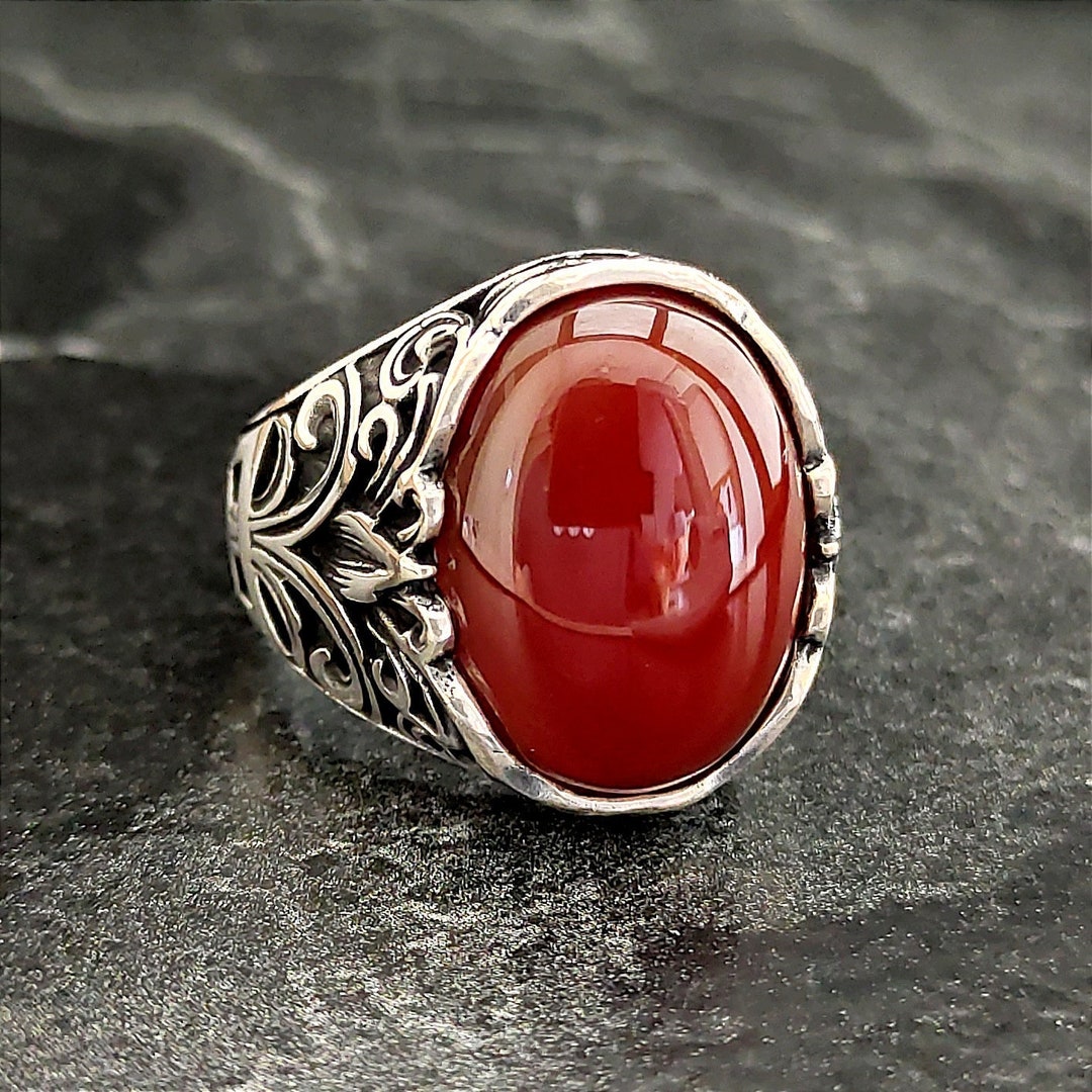 Mens Silver Red Agate Stone Ring , Silver Red Gemstone Ring , Turkish ...