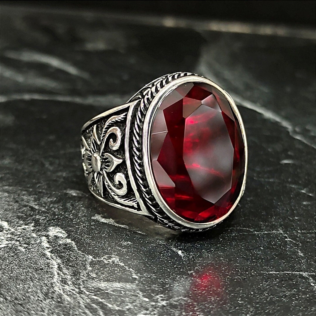 Men Silver Red Garnet Stone Ring , Men Red Ruby Gemstone Ring , Turkish ...