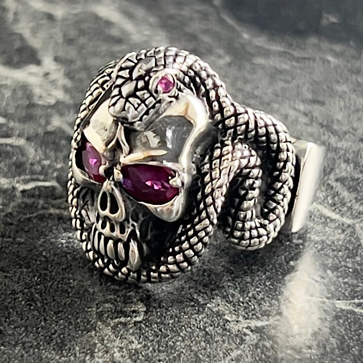 Handmade Skull & Snake Figured Ring, Men's Demonic Skull Ring, Oxidized ...