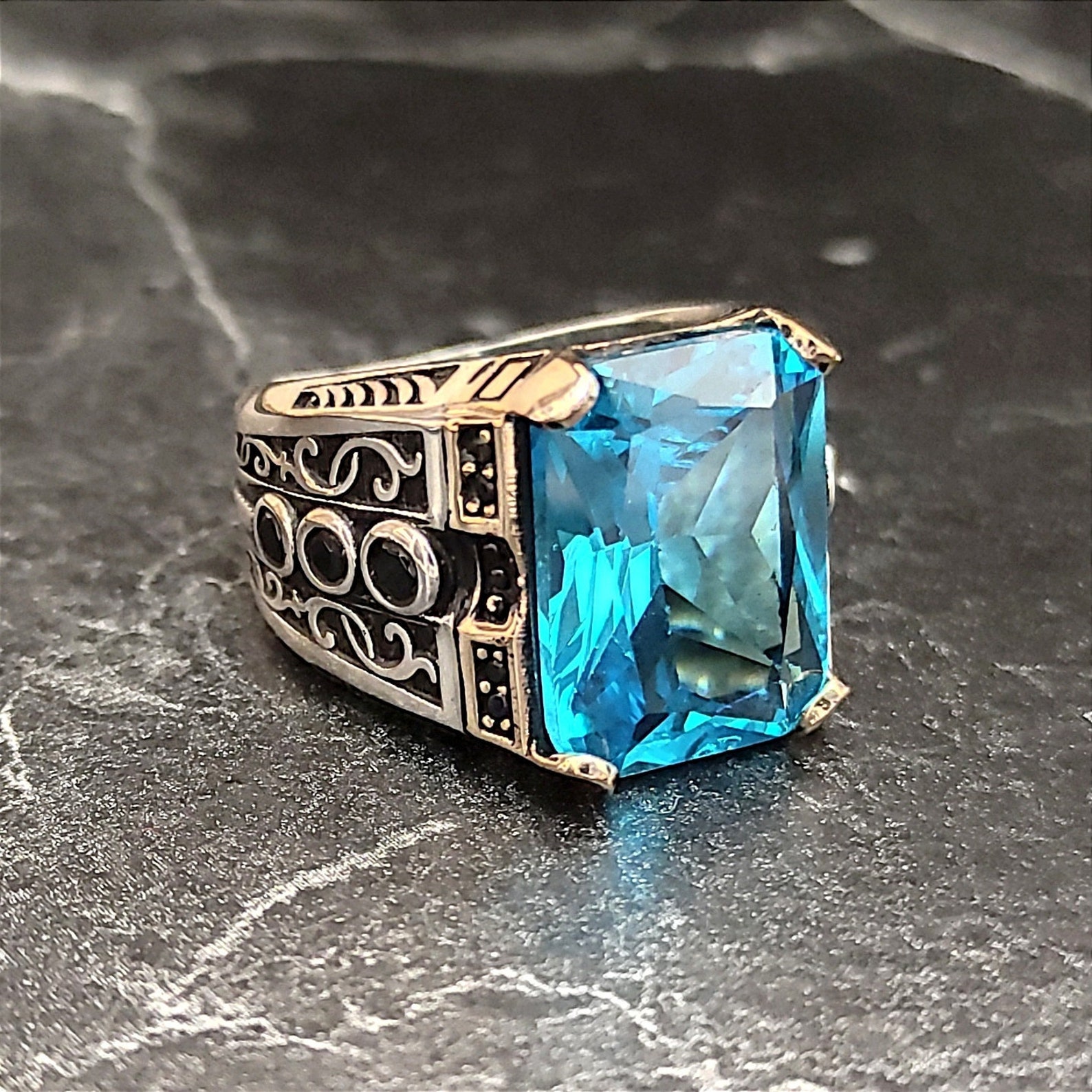 Men Silver Blue Gemstone Ring , Men Handmade Aquamarine Stone Ring ...