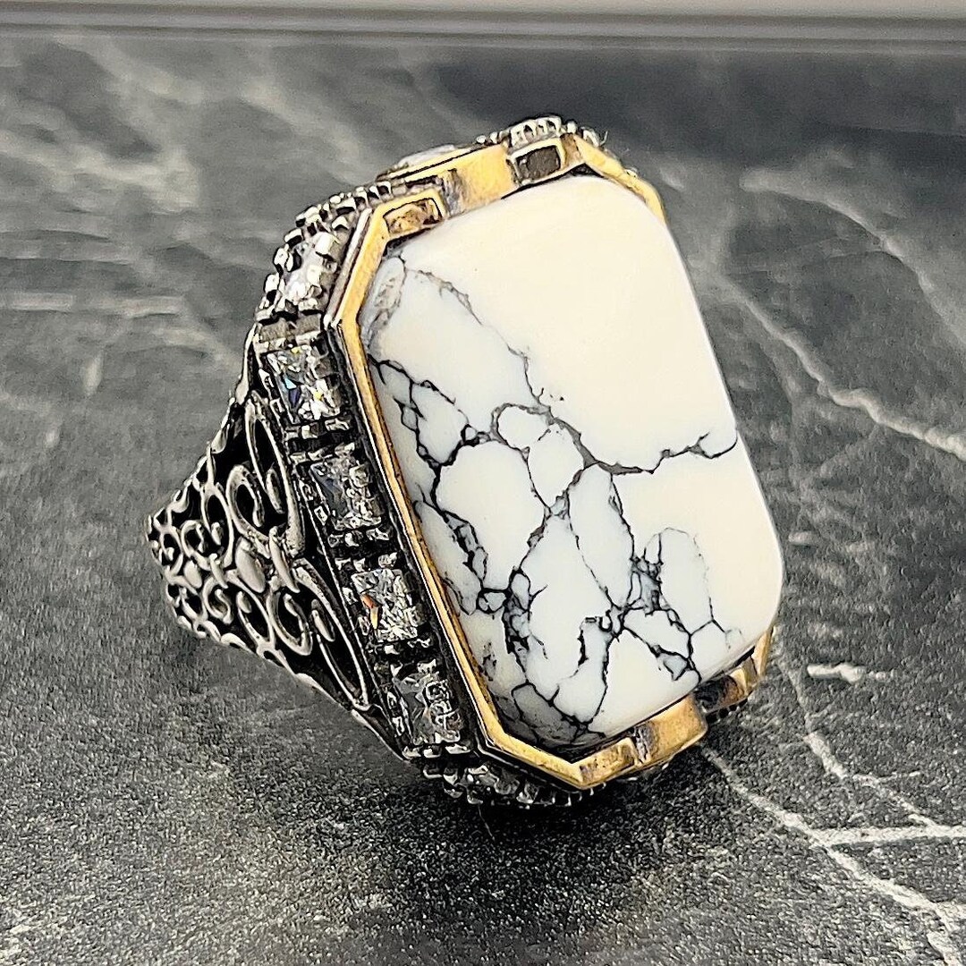 Mens Silver White Turquoise Ring, Large Turquoise Gemstone Ring ...