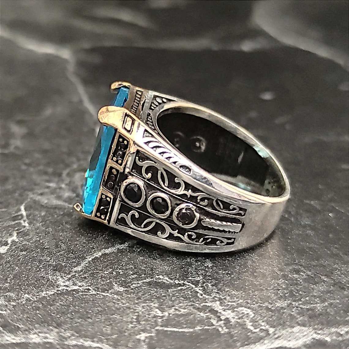 Men Silver Blue Gemstone Ring , Men Handmade Aquamarine Stone Ring ...