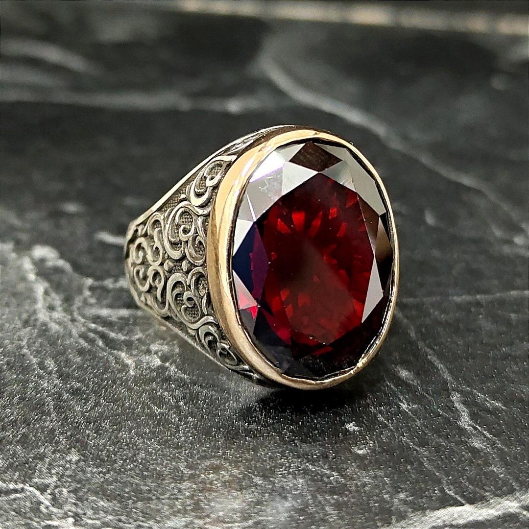 Red Garnet Stone Men Silver Ring , Men Red Ruby Gemstone Ring , Turkish ...