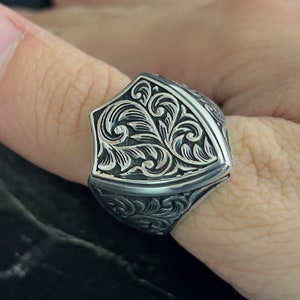 Handmade Engraved Shield Men Ring, Silver Shield Signet Ring, Ancient ...