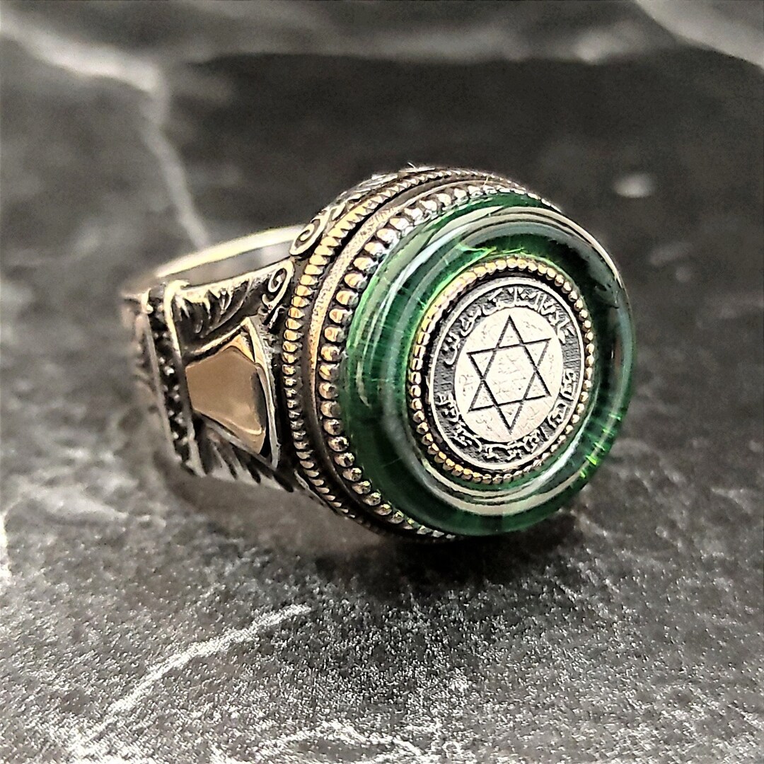 Men Silver Seal of Solomon Green Stone Ring Silver Thumb - Etsy