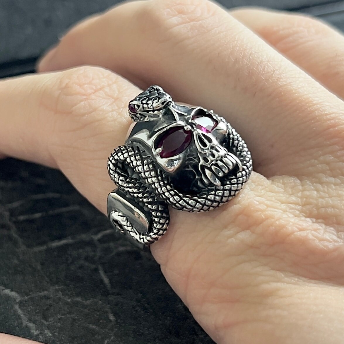 Handmade Skull & Snake Figured Ring, Men's Demonic Skull Ring, Oxidized ...