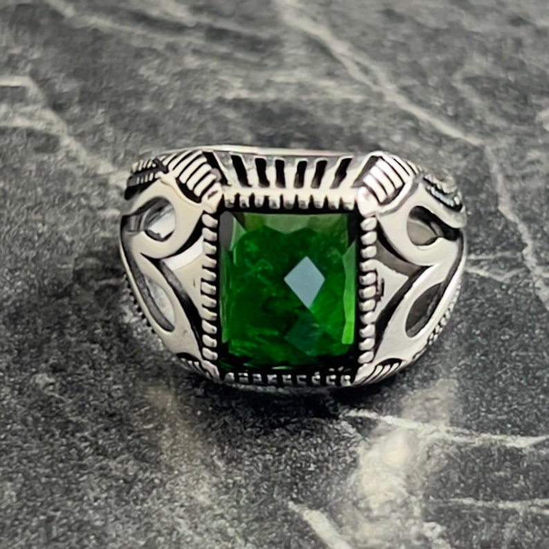 Mens Square Green Emerald Gemstone Silver Ring, Natural Dark Green ...