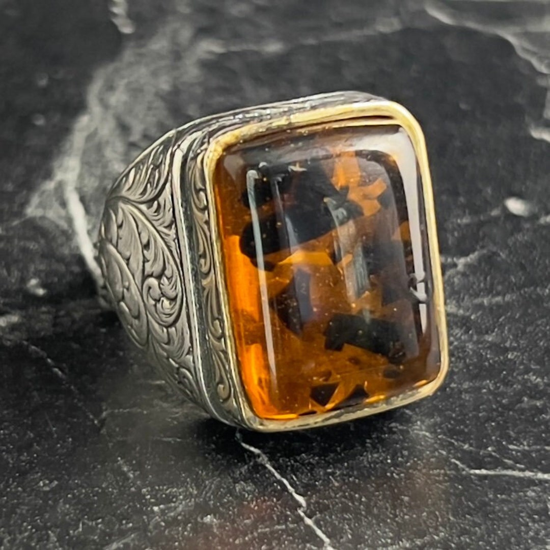 Men's Square Orange Amber Gemstone Silver Ring, Men Baltic Stone Ring ...