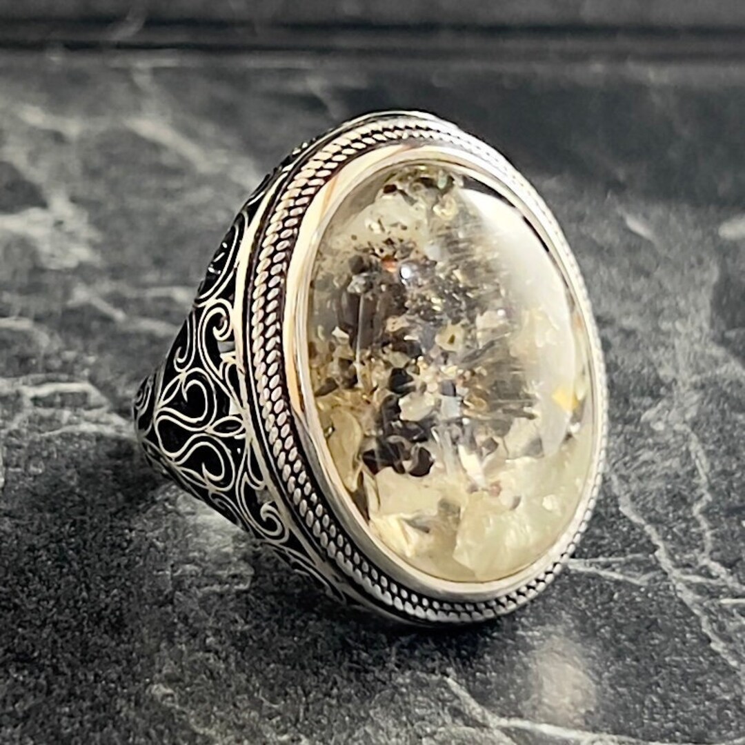Men's Oval Particle White Agate Silver Ring, Handmade Large Men Ring ...