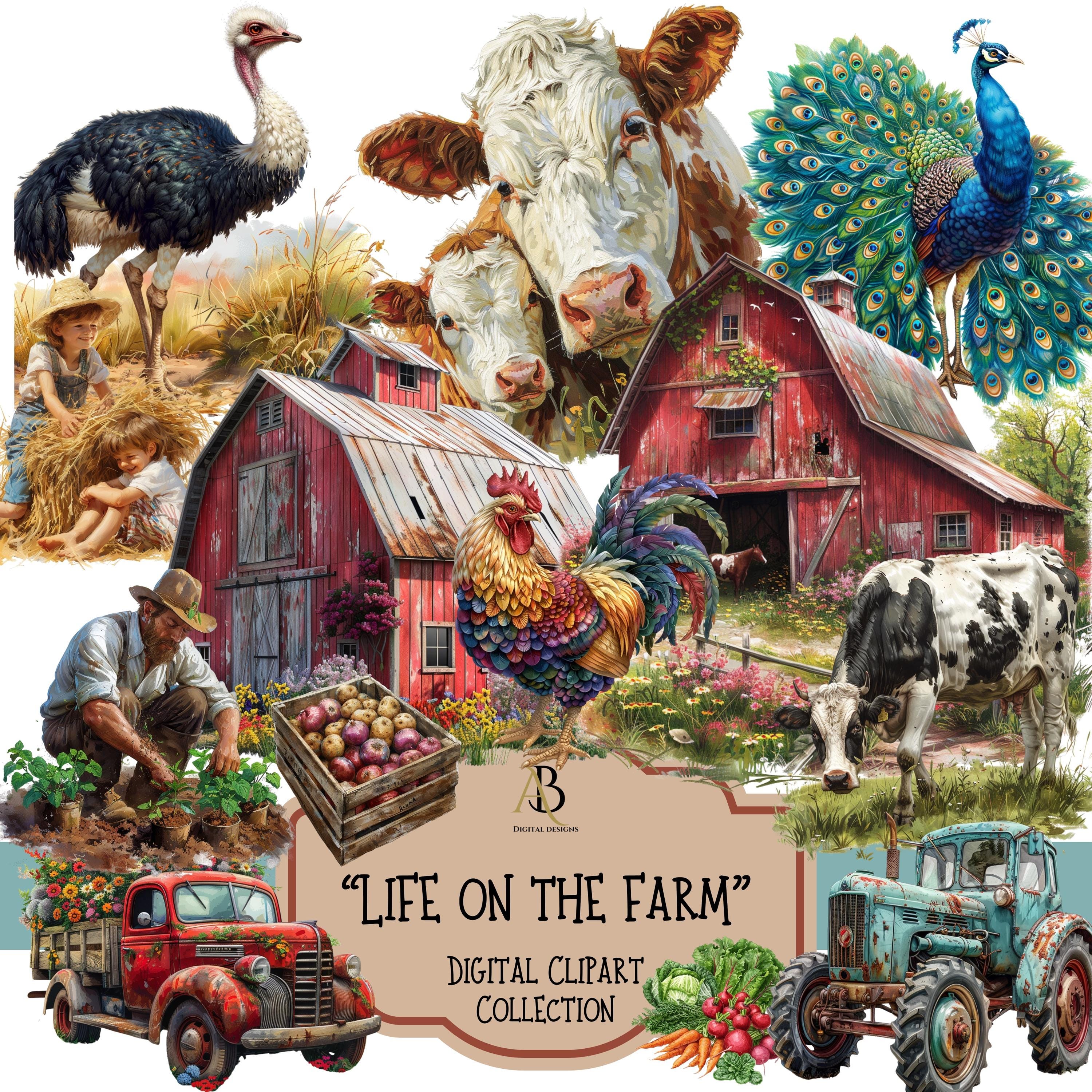 Clipart, Digital, "life on the Farm" 100 Pngs, Spring, Farmhouse, Farm ...