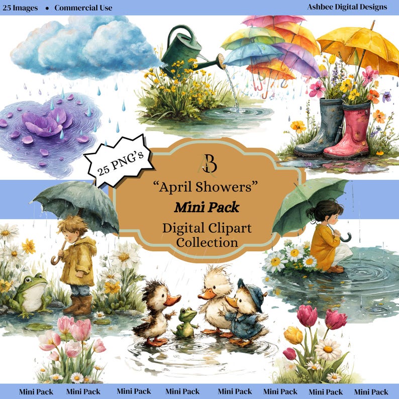 April Showers Watercolor Clipart, Spring Rain, Kids, Umbrellas, Planner ...