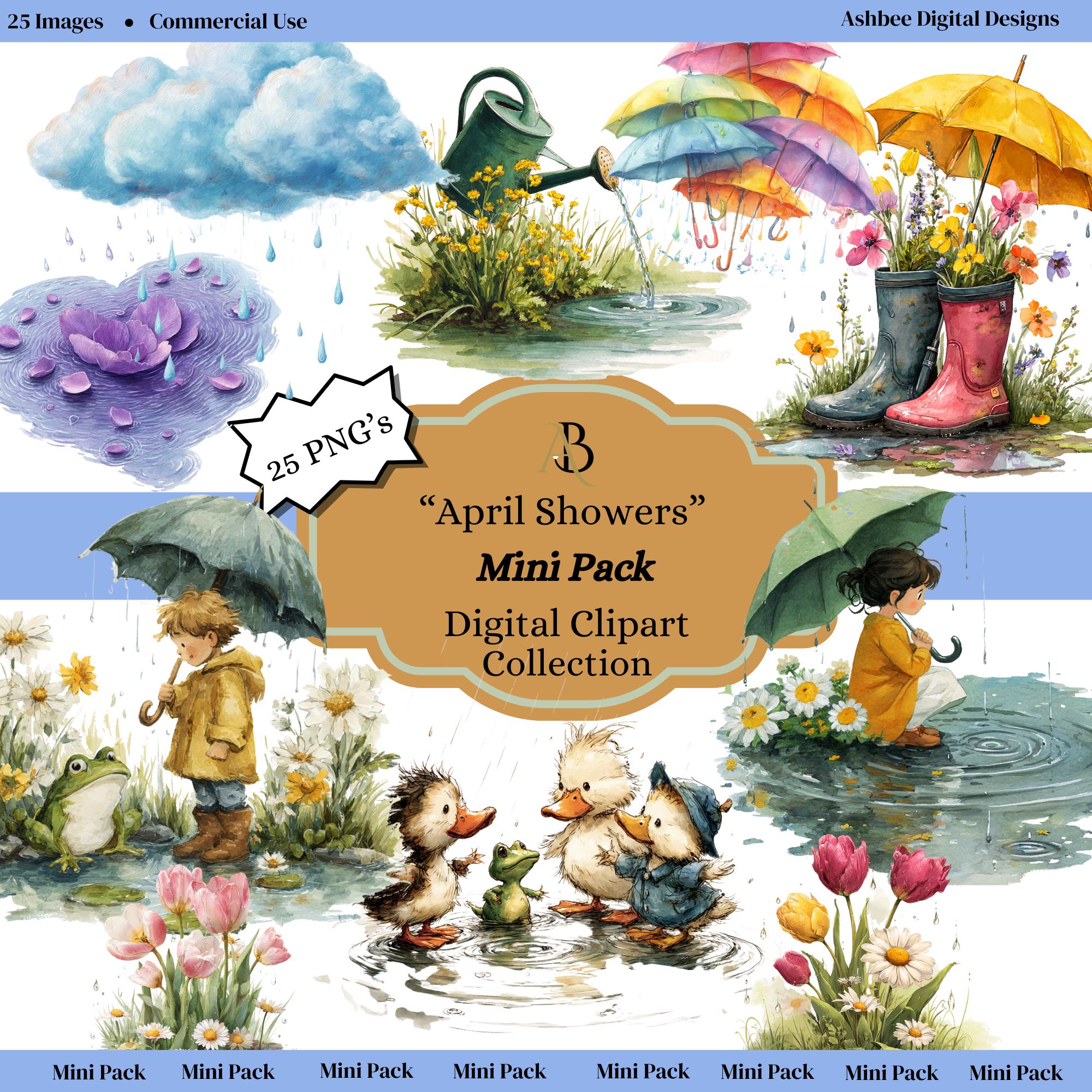 April Showers Watercolor Clipart, Spring Rain, Kids, Umbrellas, Planner ...