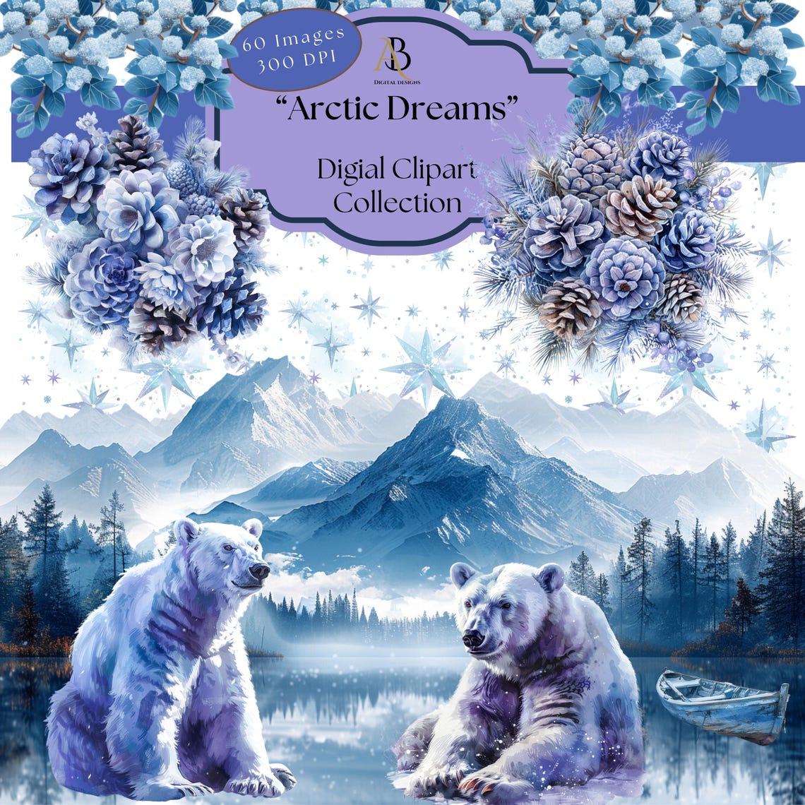Arctic Dreams Clipart, Winter Animals, Snowy Mountains, Frosted Trees ...