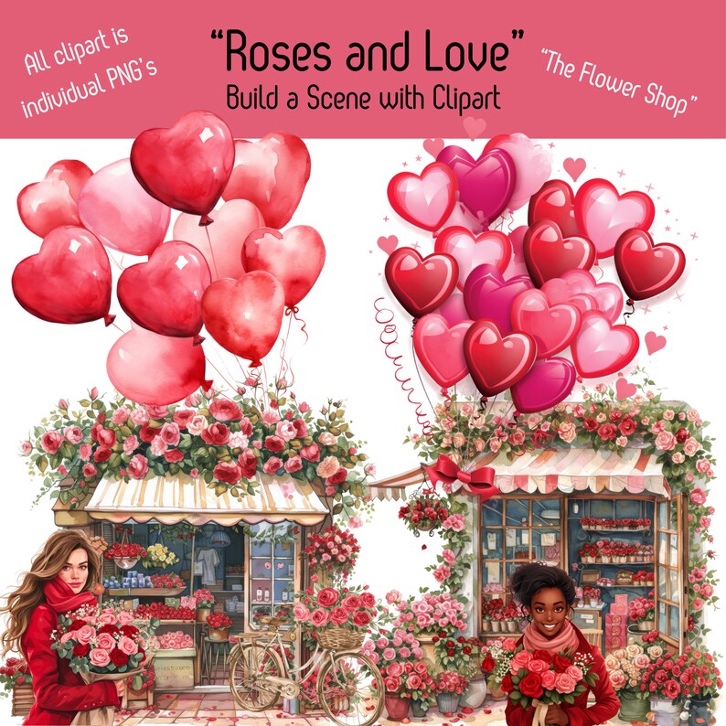 Roses and Love Clipart Set, Valentine's Day Graphics (PNG, Digital ...