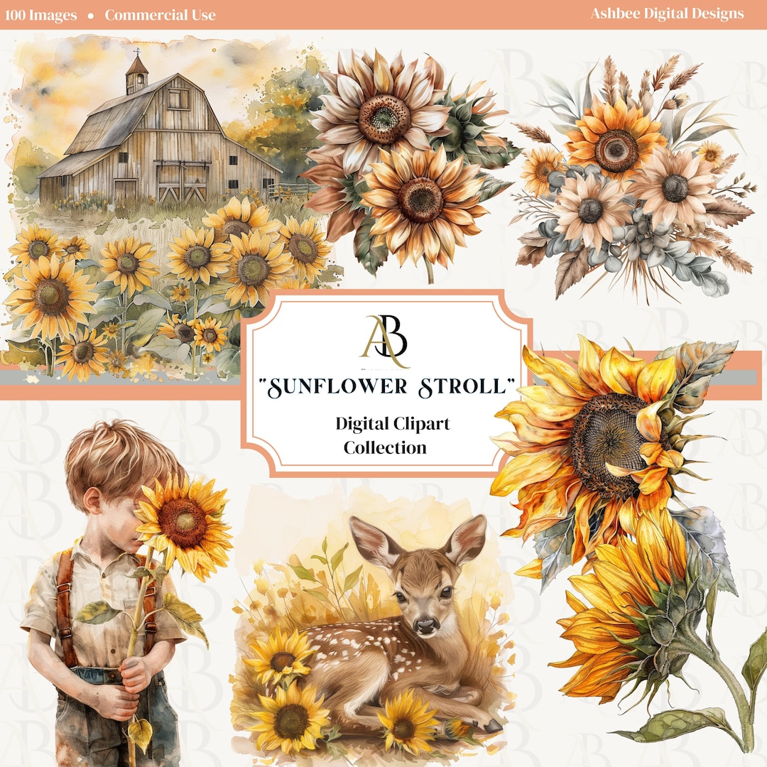Fall Digital Clipart Bundle | 100 Watercolor Png's | Sunflowers ...