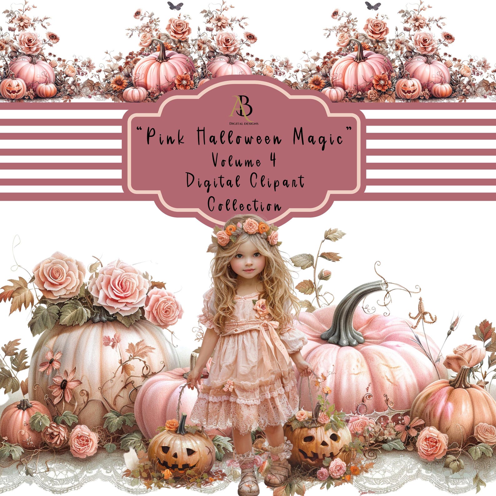 Clipart, Digital, PNG, Whimsical Halloween Pumpkins "pink Halloween ...