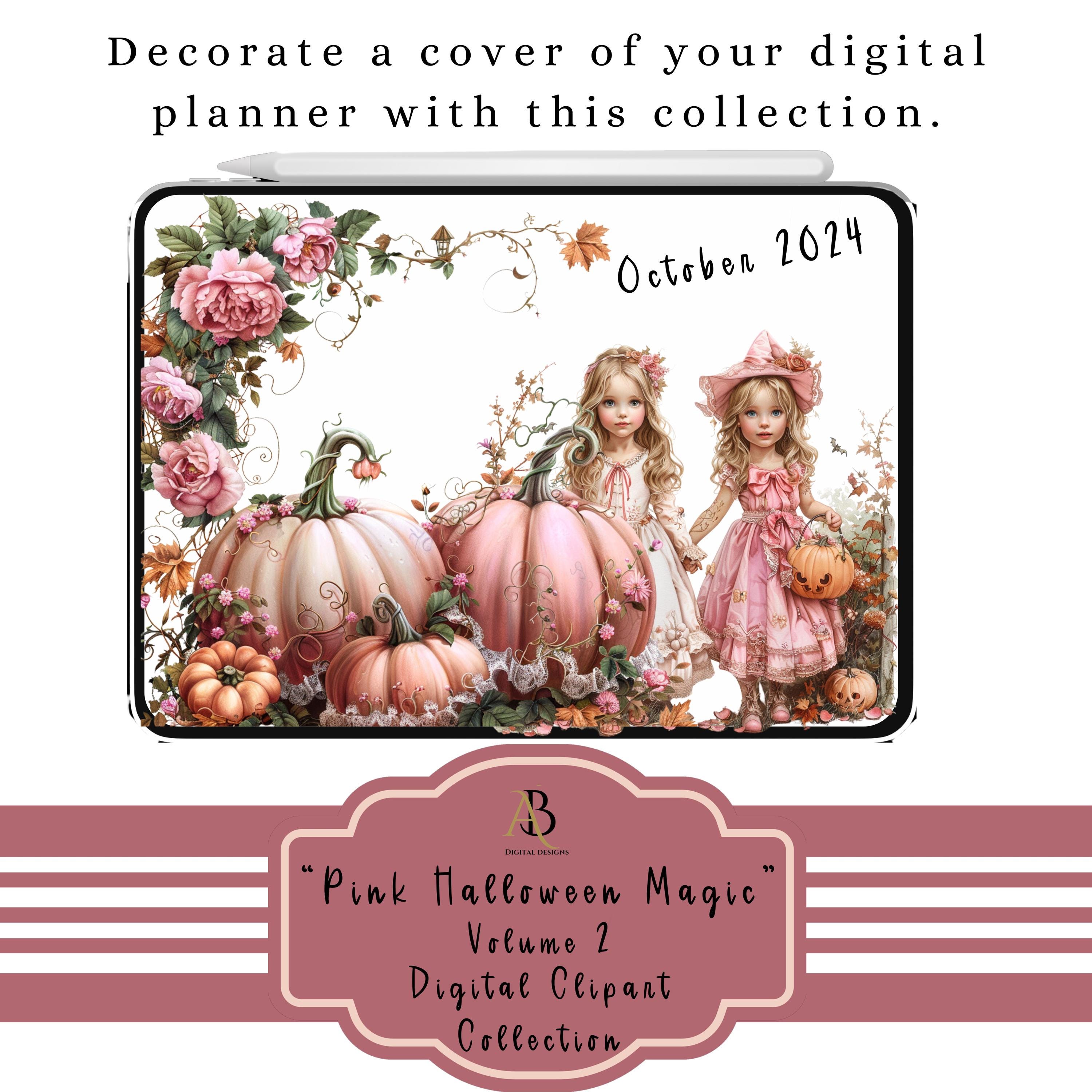 Clipart, Digital, PNG, Whimsical Halloween Pumpkins "pink Halloween ...