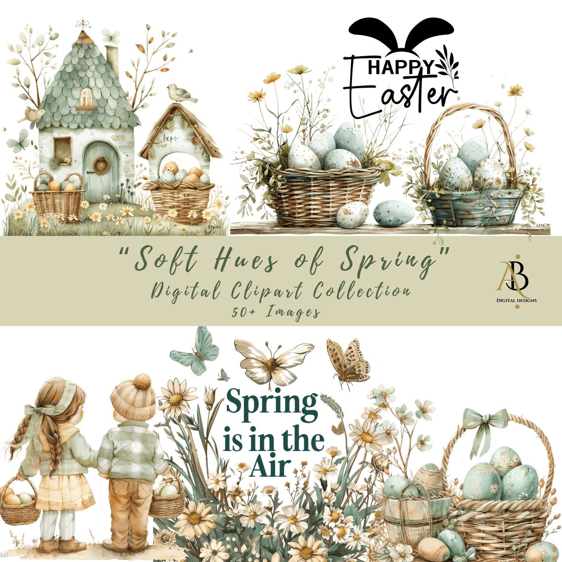 Clipart Digital Clipart PNG Spring Easter Bunnies Flowers Clipart ...