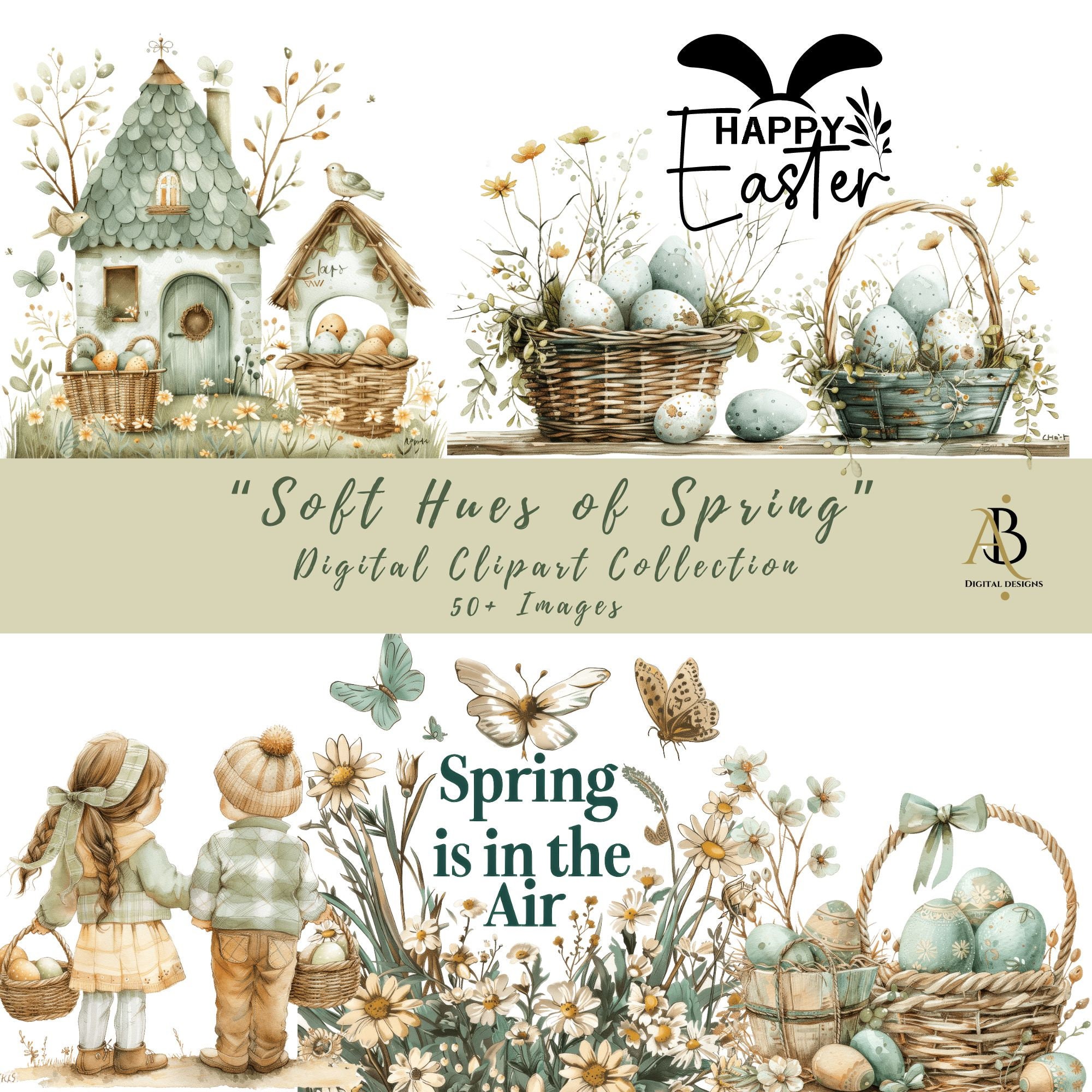 Clipart Digital Clipart PNG Spring Easter Bunnies Flowers Clipart ...