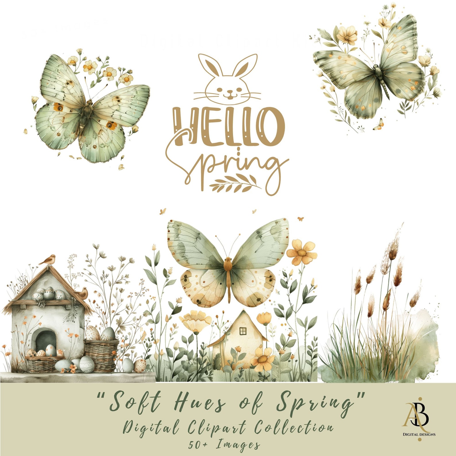 Clipart Digital Clipart PNG Spring Easter Bunnies Flowers Clipart ...