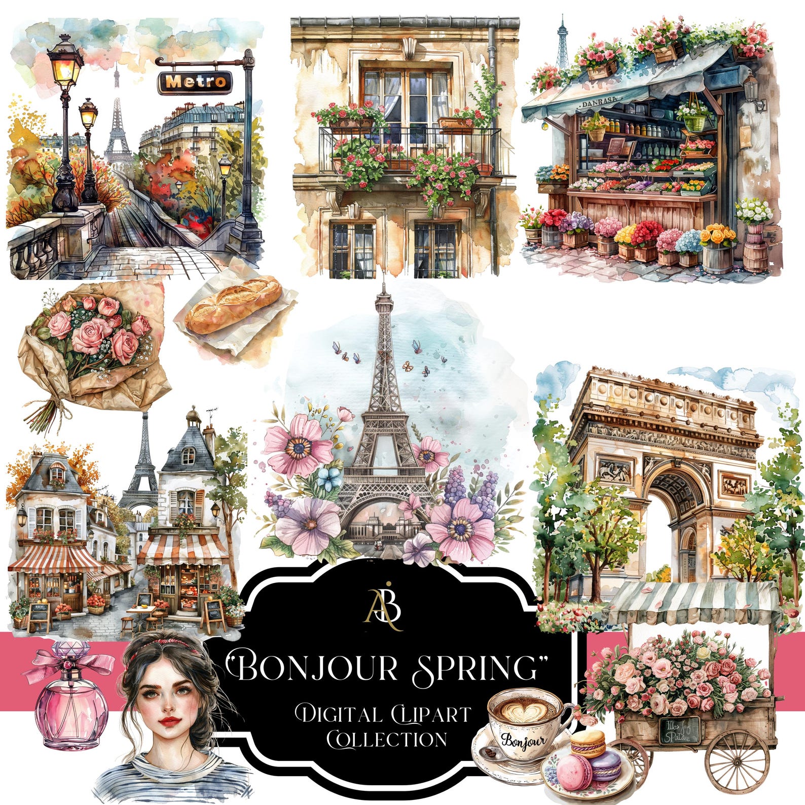 Clipart, Digital, "bonjour Spring" 100 Pngs, Paris in Spring, Eiffel ...