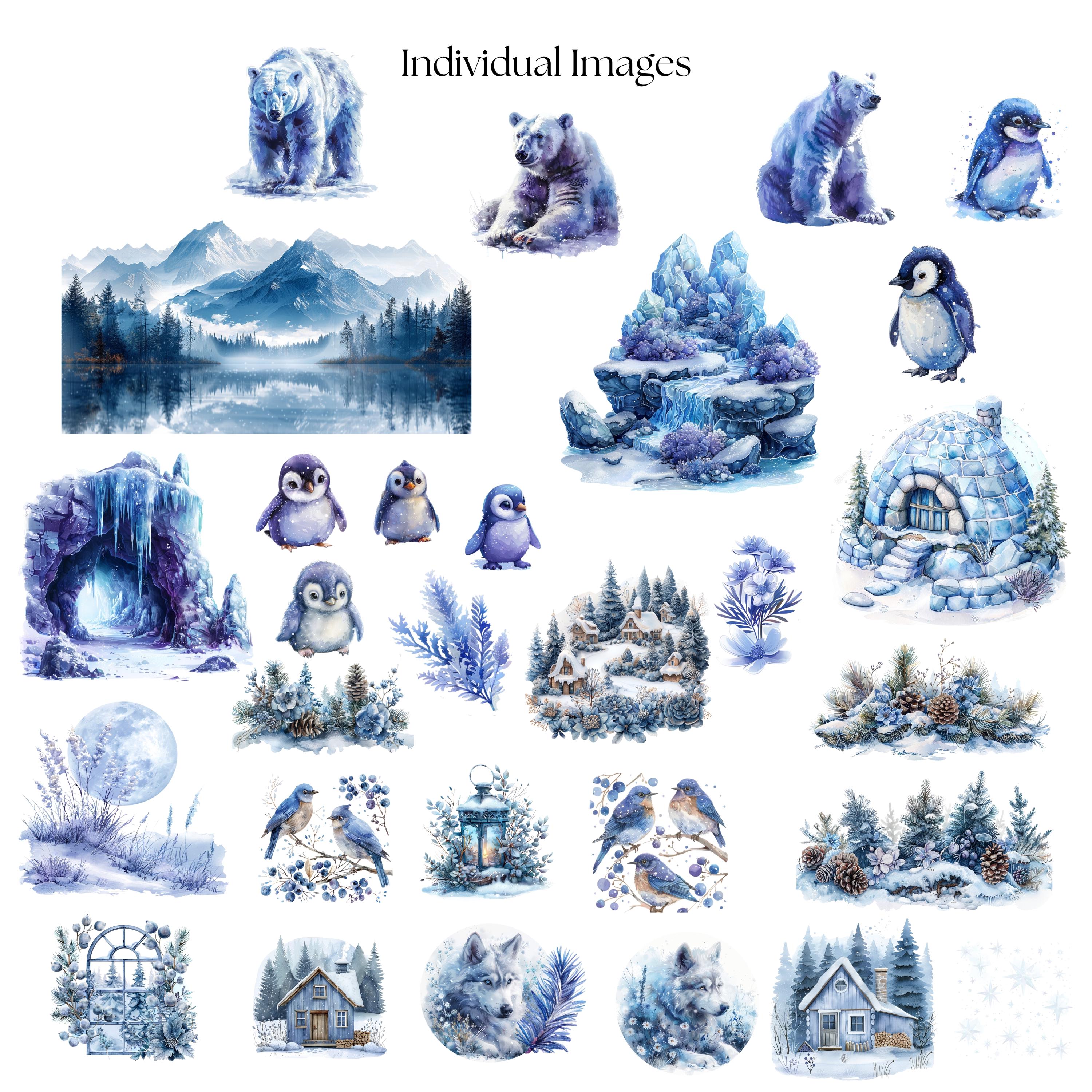 Arctic Dreams Clipart, Winter Animals, Snowy Mountains, Frosted Trees ...