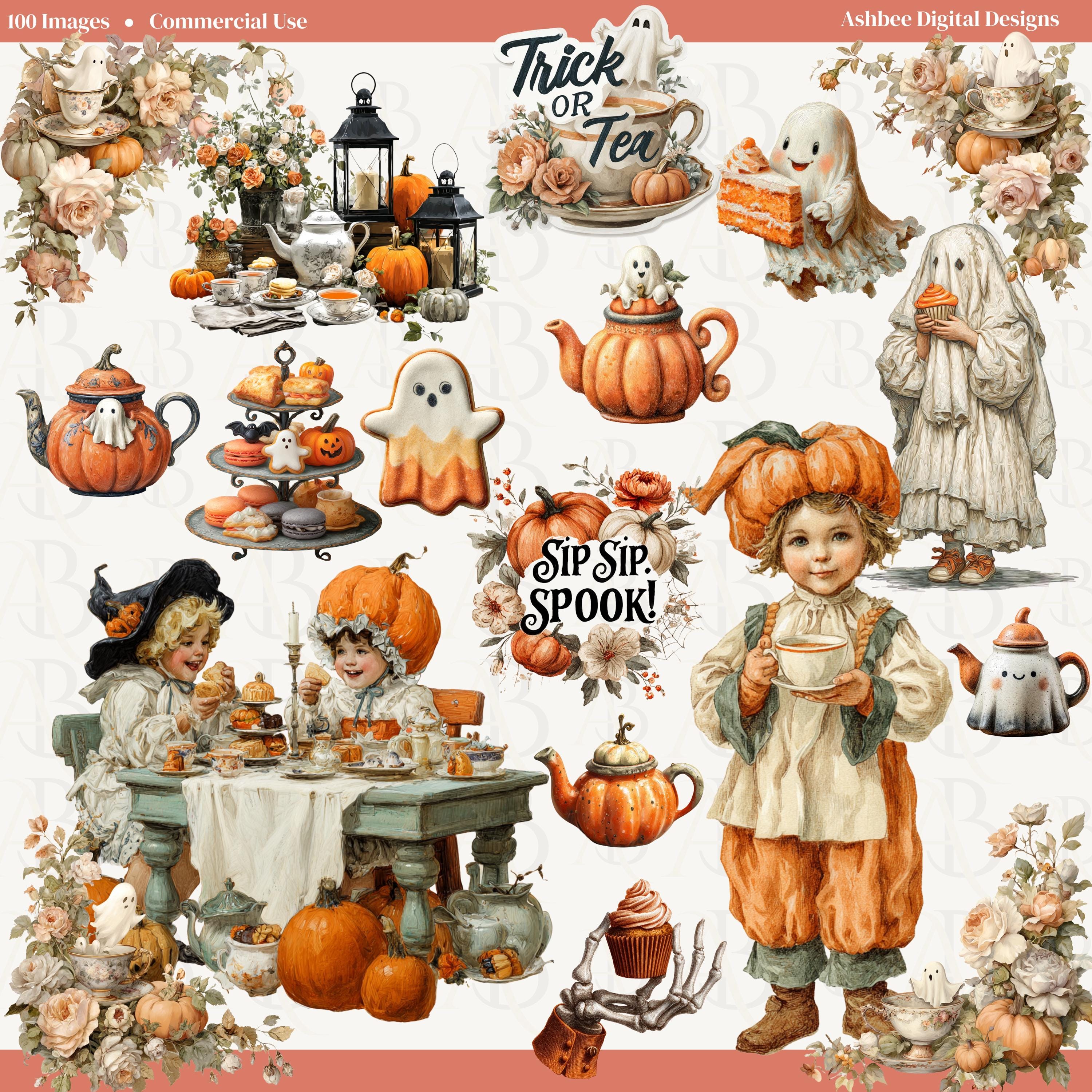 Halloween Tea Party Clipart Bundle | Vintage Skeletons, Ghosts ...