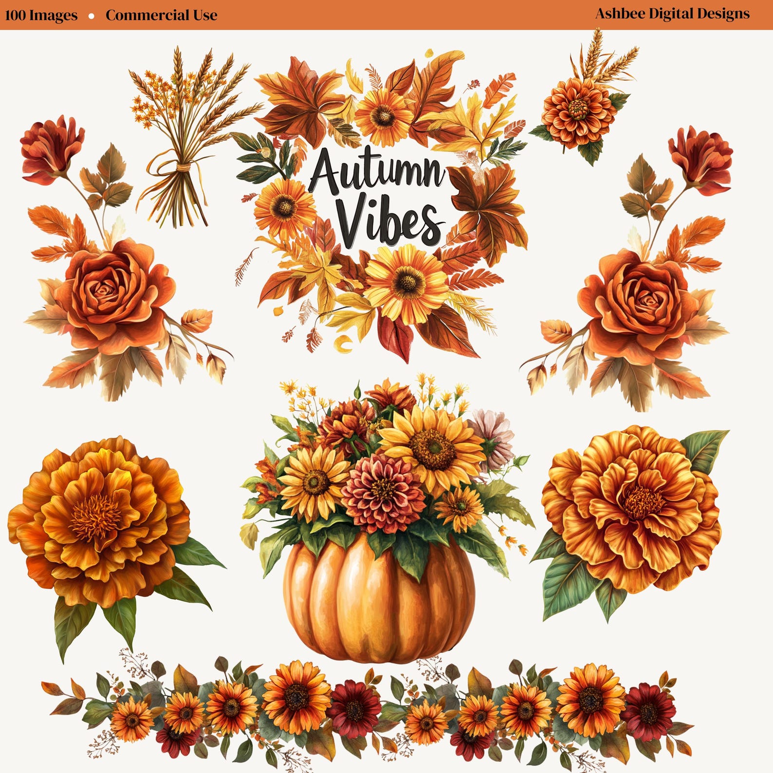 Fall Digital Clipart, 100 Png's - "seasonal Florals-fall" Autumn Flower ...